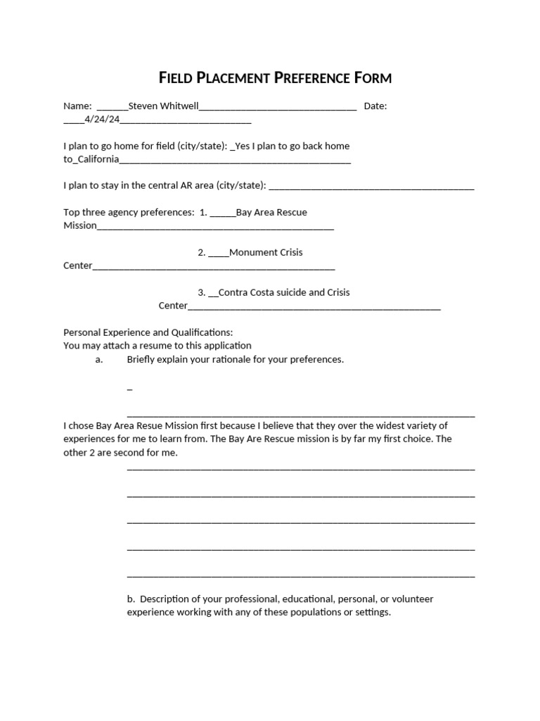 Field Placement Preference Application | PDF | Curriculum | Learning