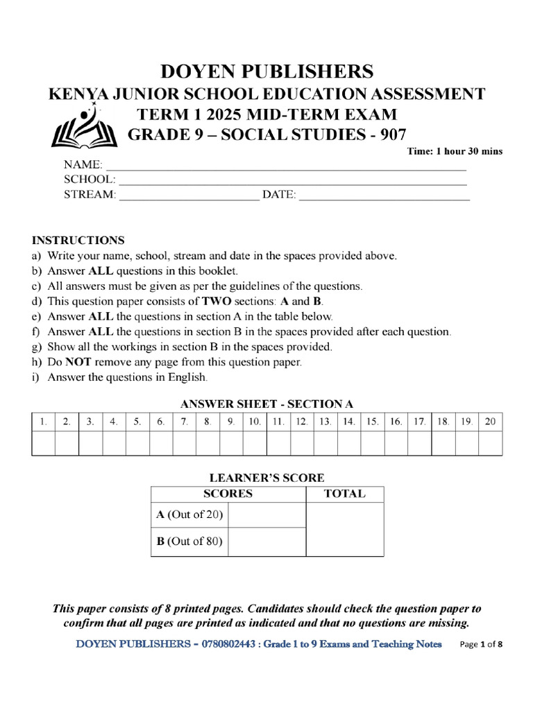Grade 9 Social Studies Term 1 2025 Mid-Term Exam | PDF
