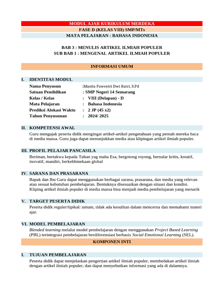 Modul Kelas 8 Artikel Masita | PDF