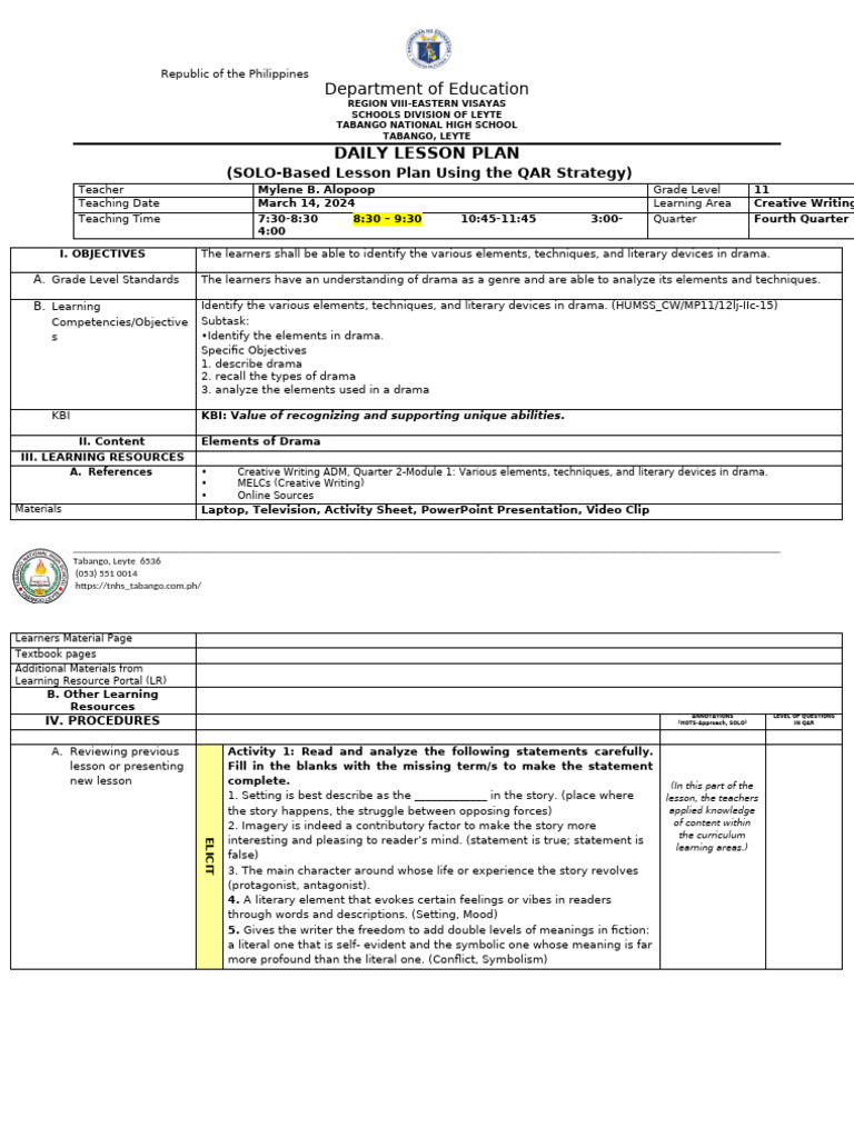 Co4 2025 Elements of Drama | PDF | Learning | Lesson Plan