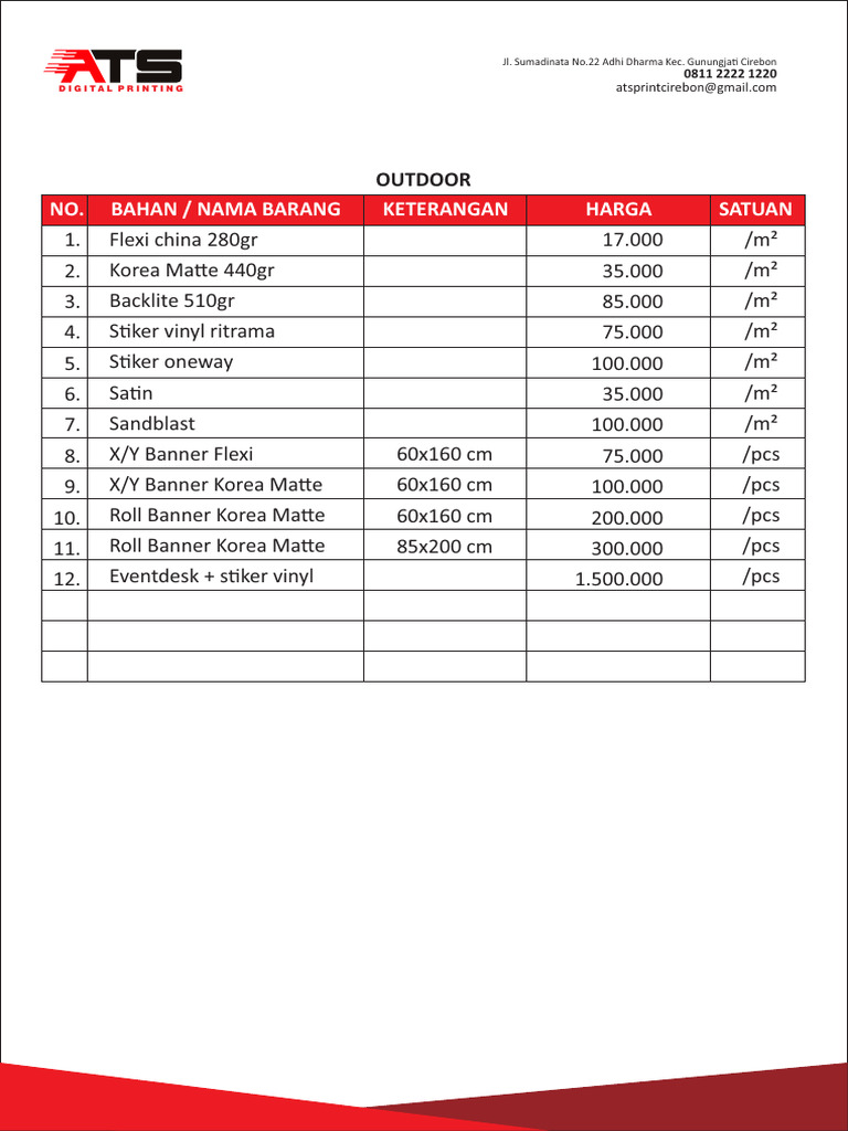 Cirebon Digital Printing Price List | PDF