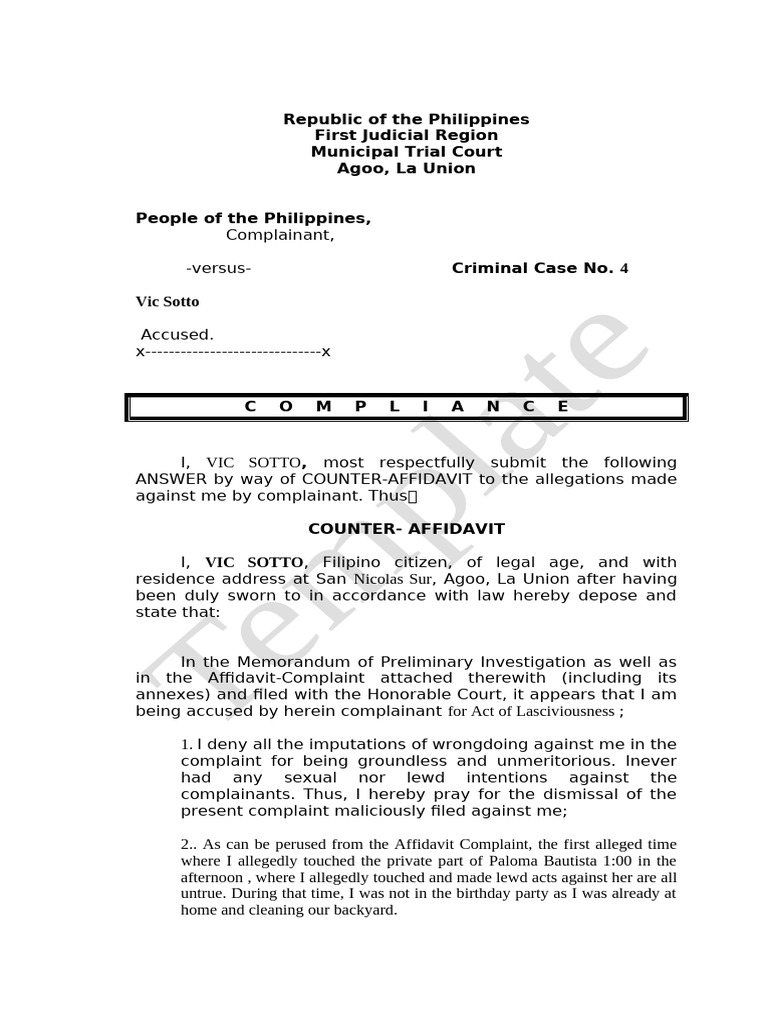 Counter Affidavit (Template) | PDF | Affidavit | Legal Procedure