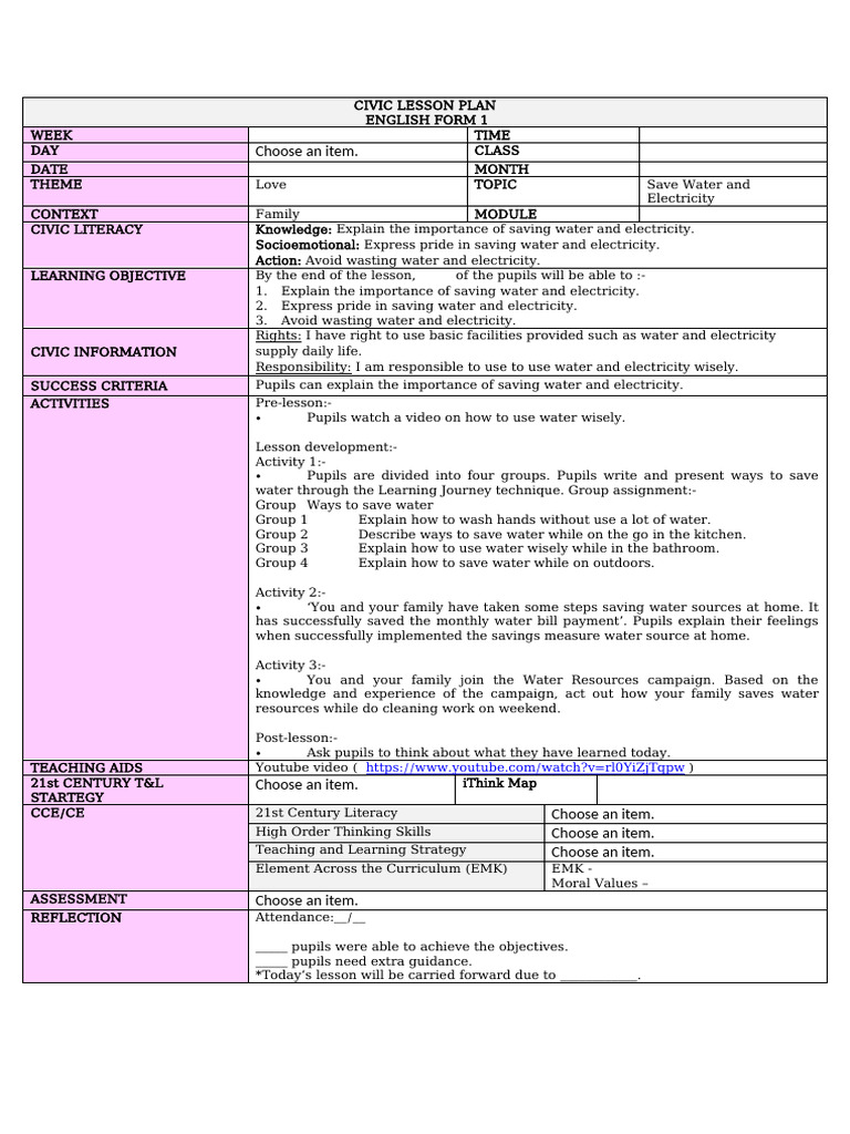 Civic Lesson Plan Form 1 | PDF | Reuse | Lesson Plan