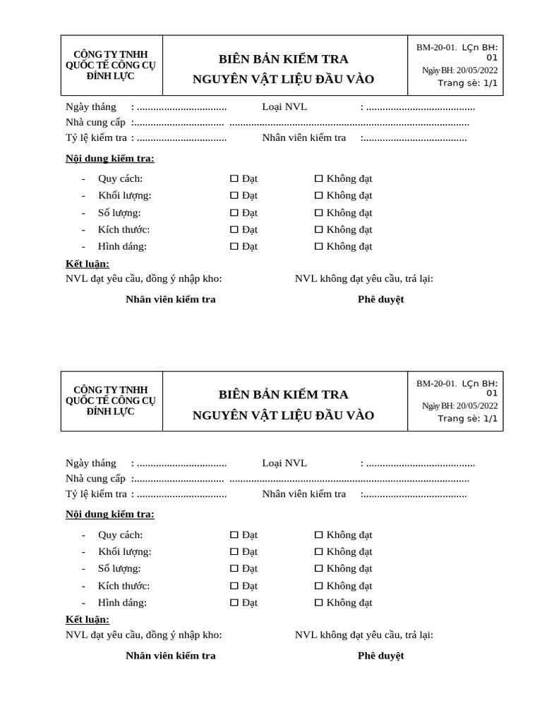 BB Kiem Tra NVL Dau Vao | PDF