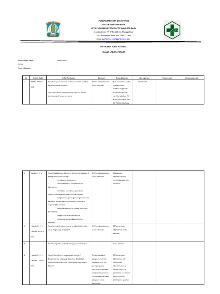 Instrumen Audit Internal Laboratorium | PDF