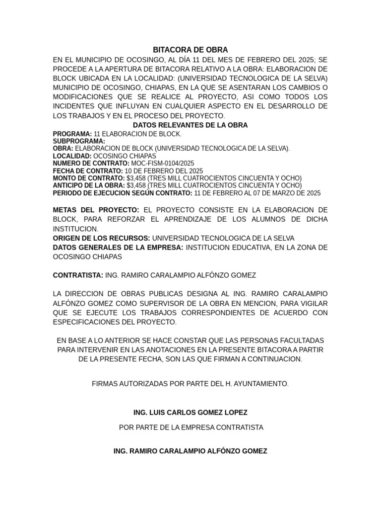 Bitacora de Obra | PDF | Hormigón