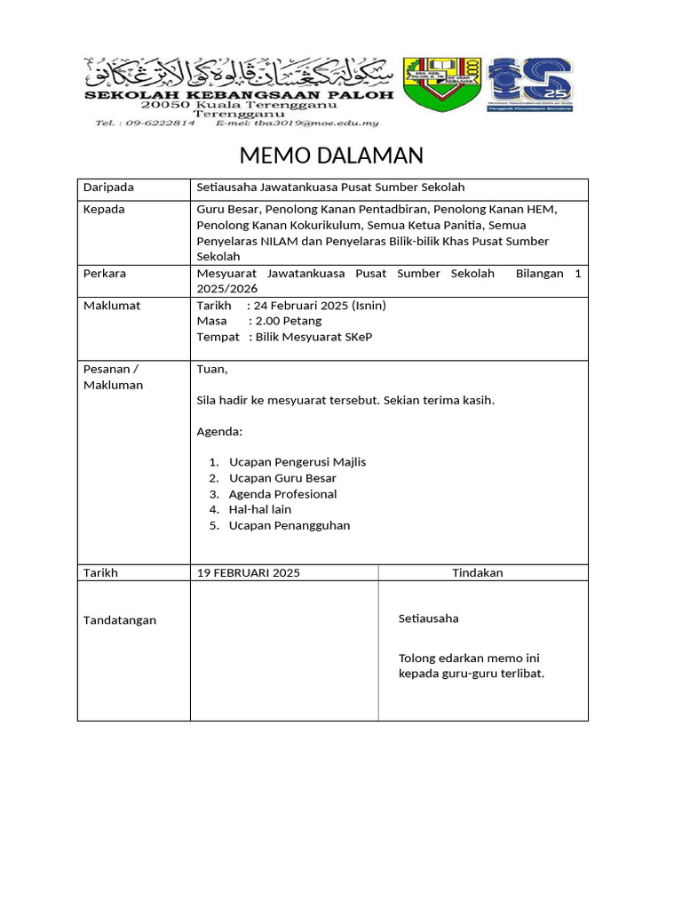 Memo Dalaman Mesyuarat PSS | PDF