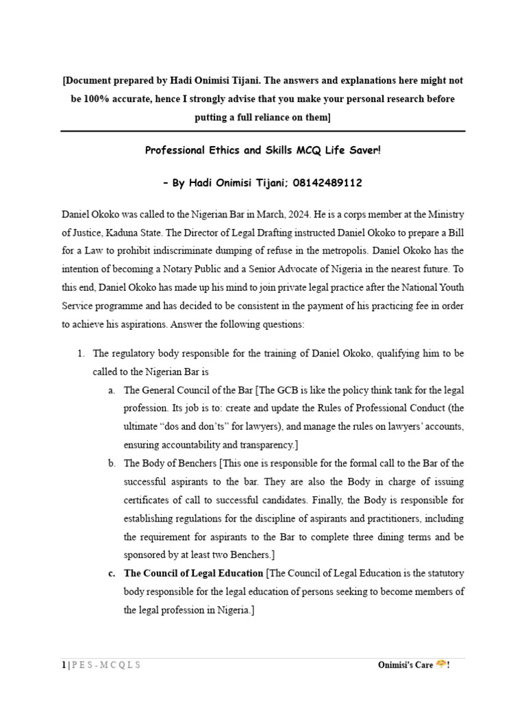 Professional Ethics and Skills MCQ Life Saver | PDF | Lawyer | Bar Association