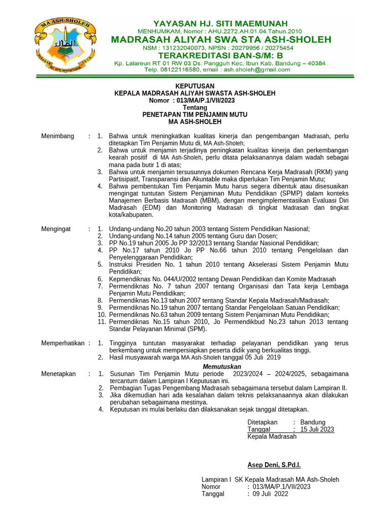 SK Tim Penjamin Mutu MA | PDF