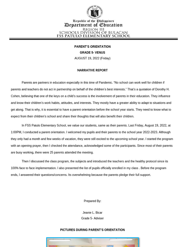 5 - Venus Parents Orientation Narrative Report | PDF