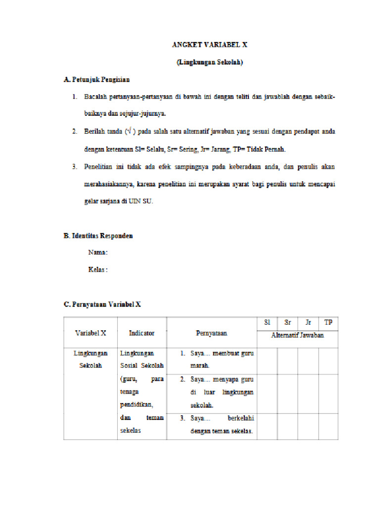 Angket Variabel X (Lingkungan Sekolah) | PDF