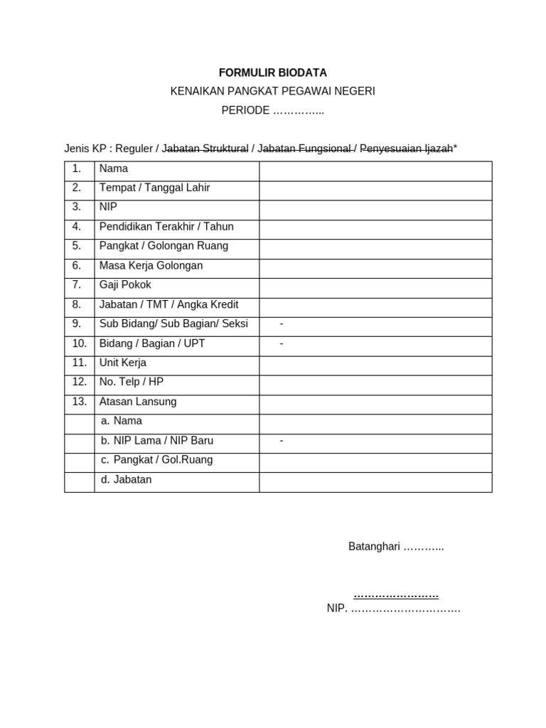 Formulir Biodata Kenaikan Pangkat PNS | PDF