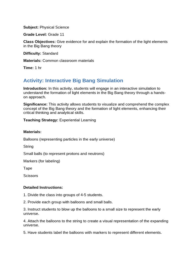 Activity For Physical Science | PDF | Universe | Big Bang