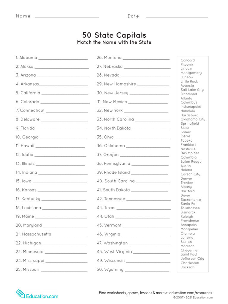 50 States and Capitals Matching Quiz | PDF