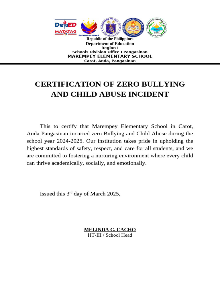 Certification of Zero Bullying | PDF
