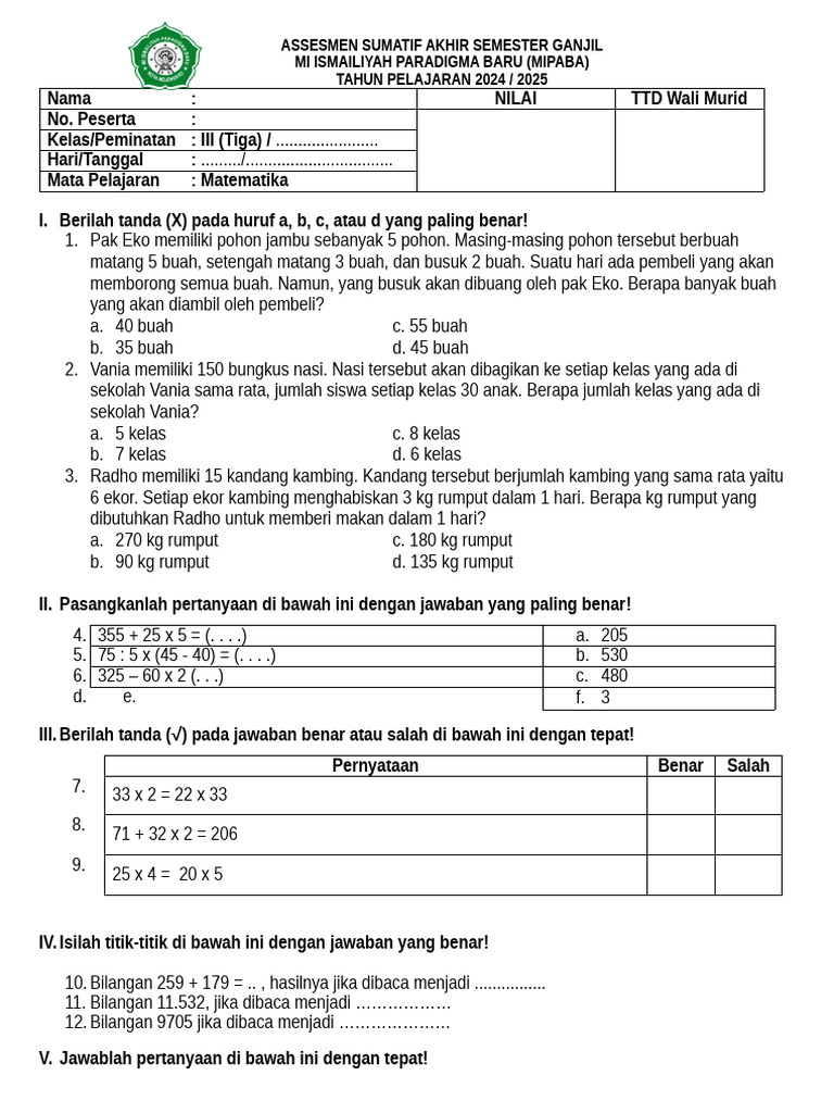 Soal Sas MTK 3 | PDF