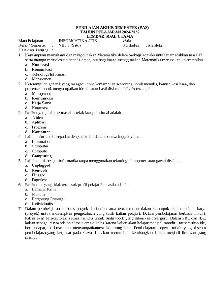 SOAL UJIAN INFORMATIKA S1 KELAS 7 Untuk Kisi Kisi | PDF