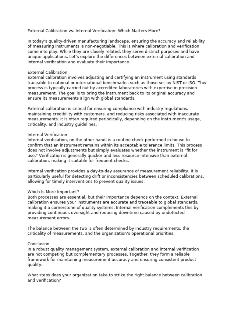 External Calibration vs. Internal Verification | PDF | Calibration | Verification And Validation