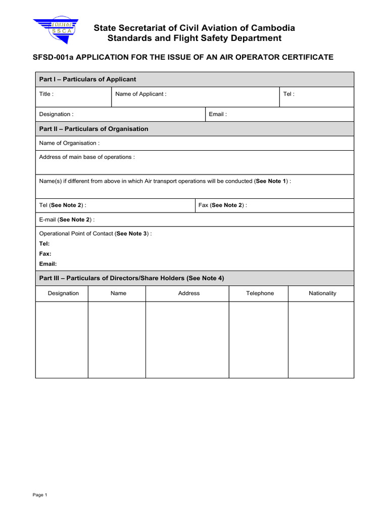 AOC Application Form for Cambodia | PDF | Transport | Aviation
