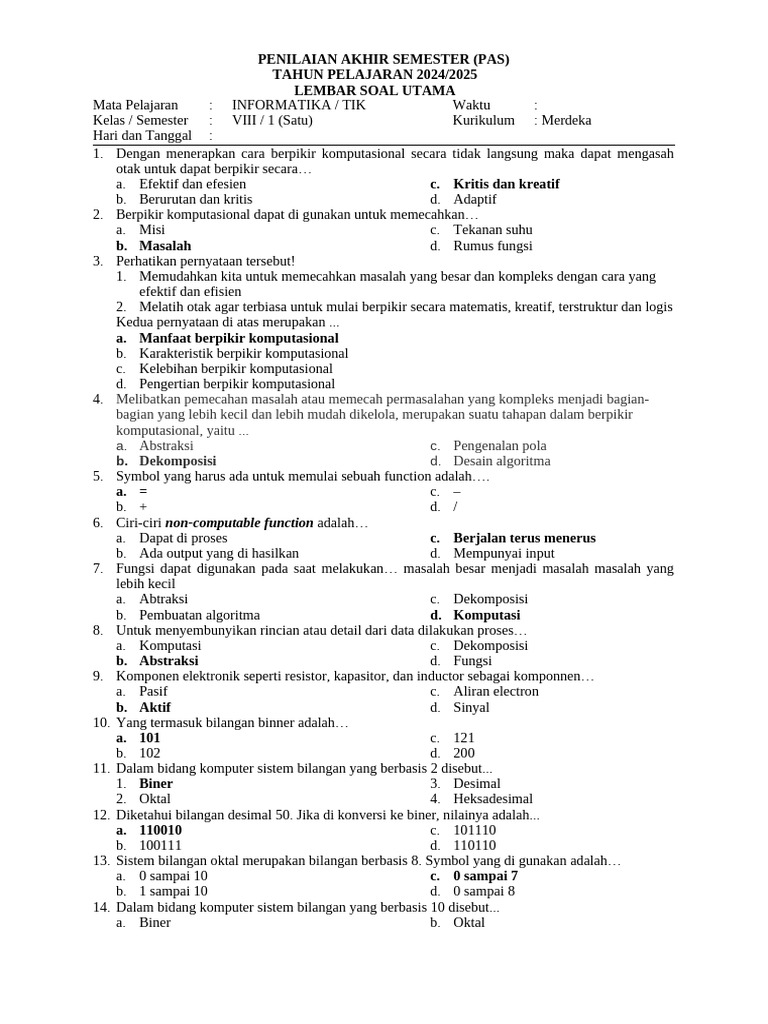 SOAL UJIAN INFORMATIKA S1 KELAS 8 Untuk Kisi Kisi | PDF
