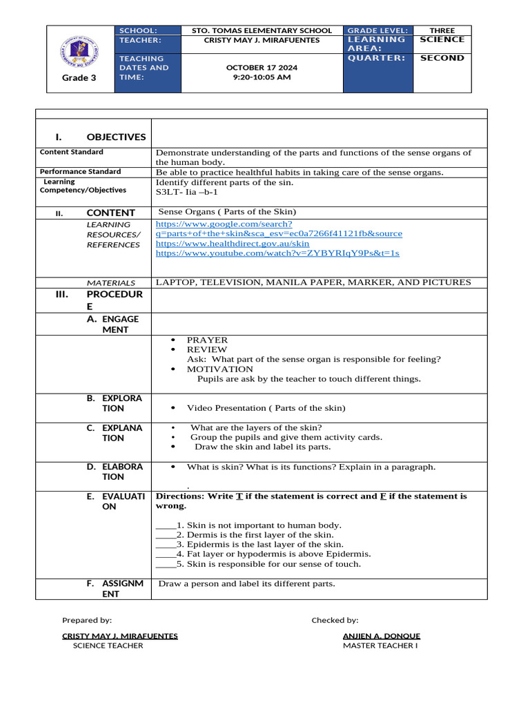 Q1 Science Lesson Plan (Cot) | PDF | Skin | Teachers