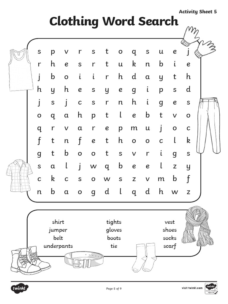 Clothing Word Search Activity Sheet | PDF