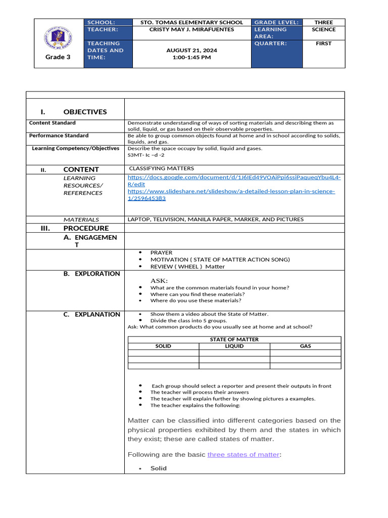 Q1 SCIENCE LESSON PLAN (COT) | PDF | Matter | Teachers
