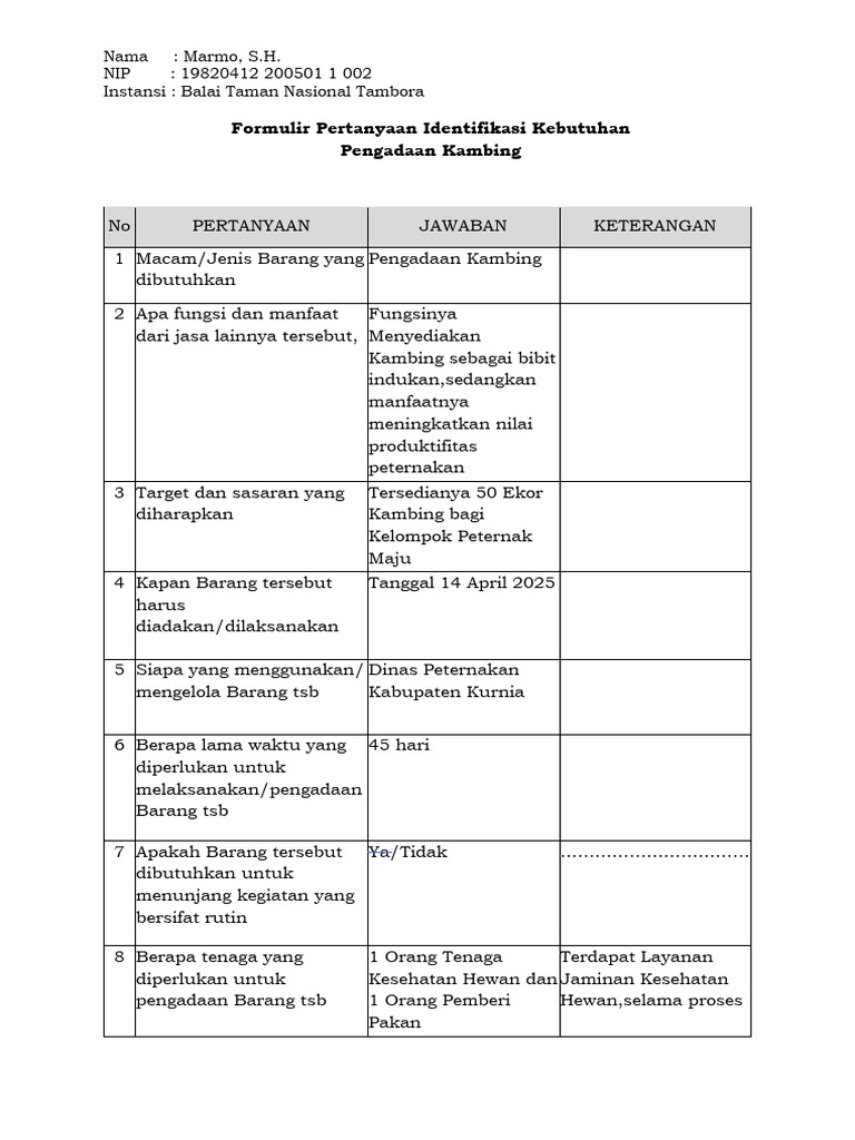 Marmo - Lampiran 1 - Form Identifikasi Kebutuhan Pengadaan Kambing | PDF