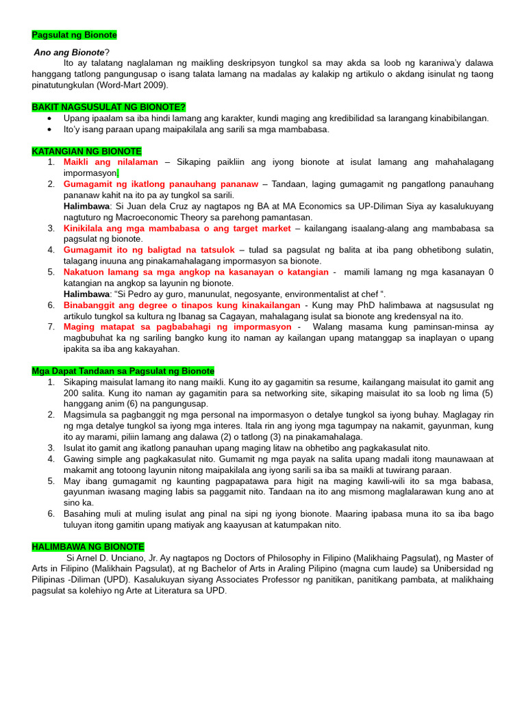 Bionote Handout - 091407 | PDF