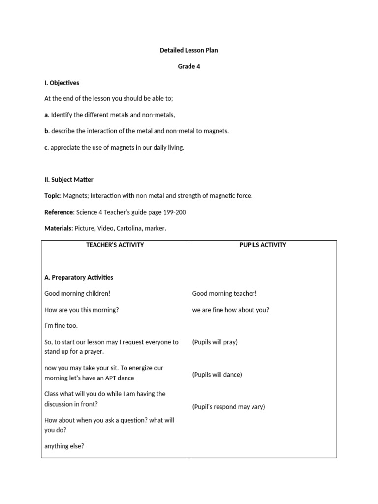 Grade 4 Lesson Plan on Magnets | PDF | Magnet | Force
