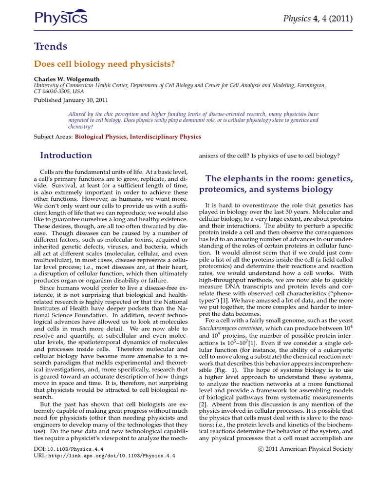 Does Cell Biology Need Physicists | PDF | Proteins | Cytoskeleton