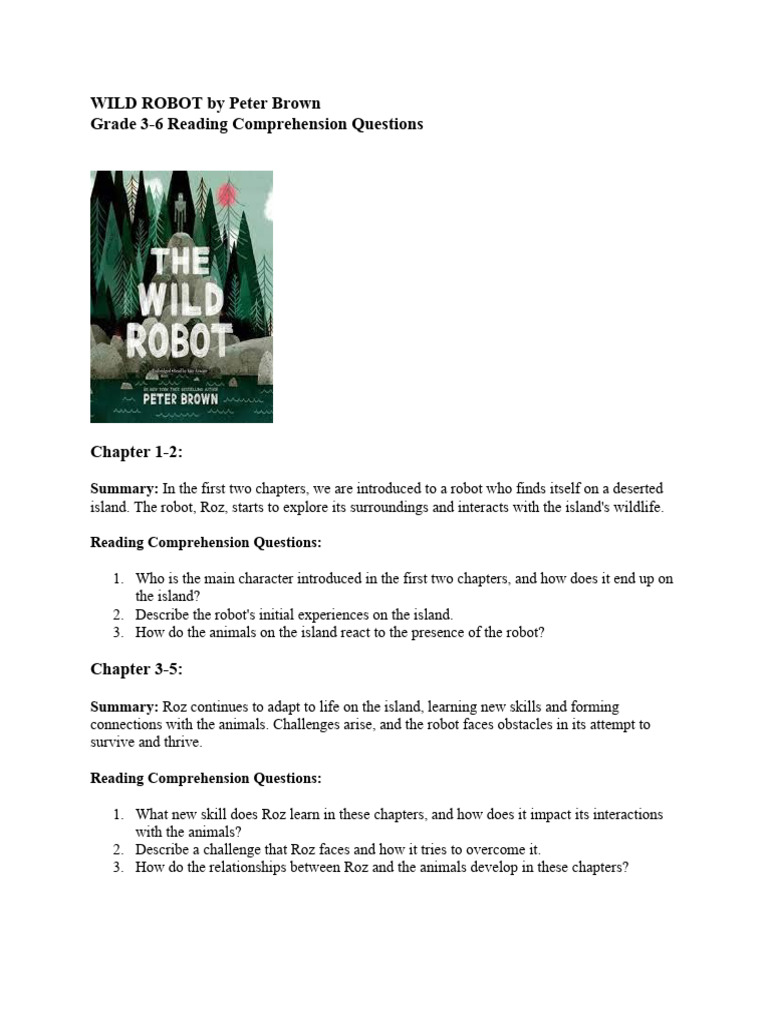 WILD ROBOT by Peter Brown Grade 3-6 Reading Comprehension Questions ...