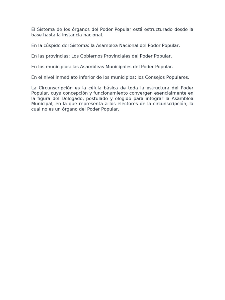 El Sistema de Los Órganos Del Poder Popular Está Estructurado Desde La ...