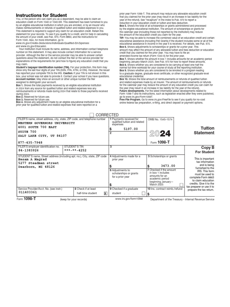 1098-T Copy B: Corrected | PDF | Tax Deduction | Public Finance