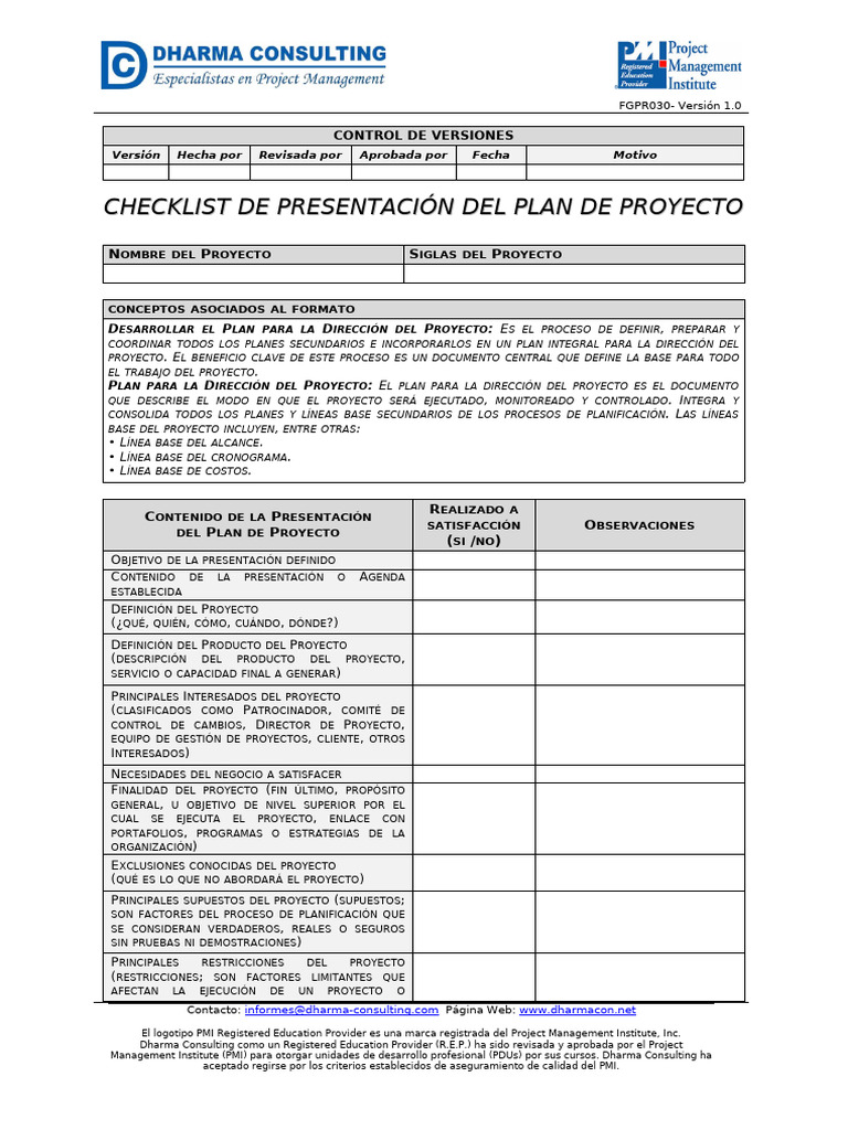 FGPR - 030 - 05 - Checklist de Presentación Del Plan de Proyecto | PDF | Gestión de proyectos ...