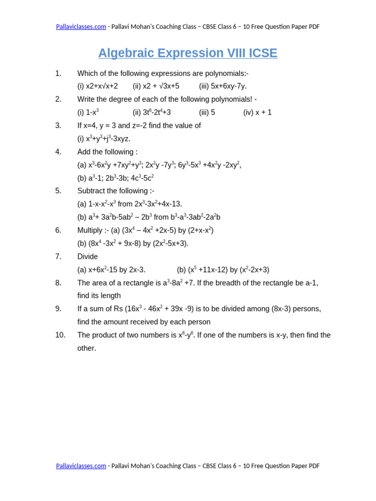 Algebraic Expression VIII ICSE | PDF