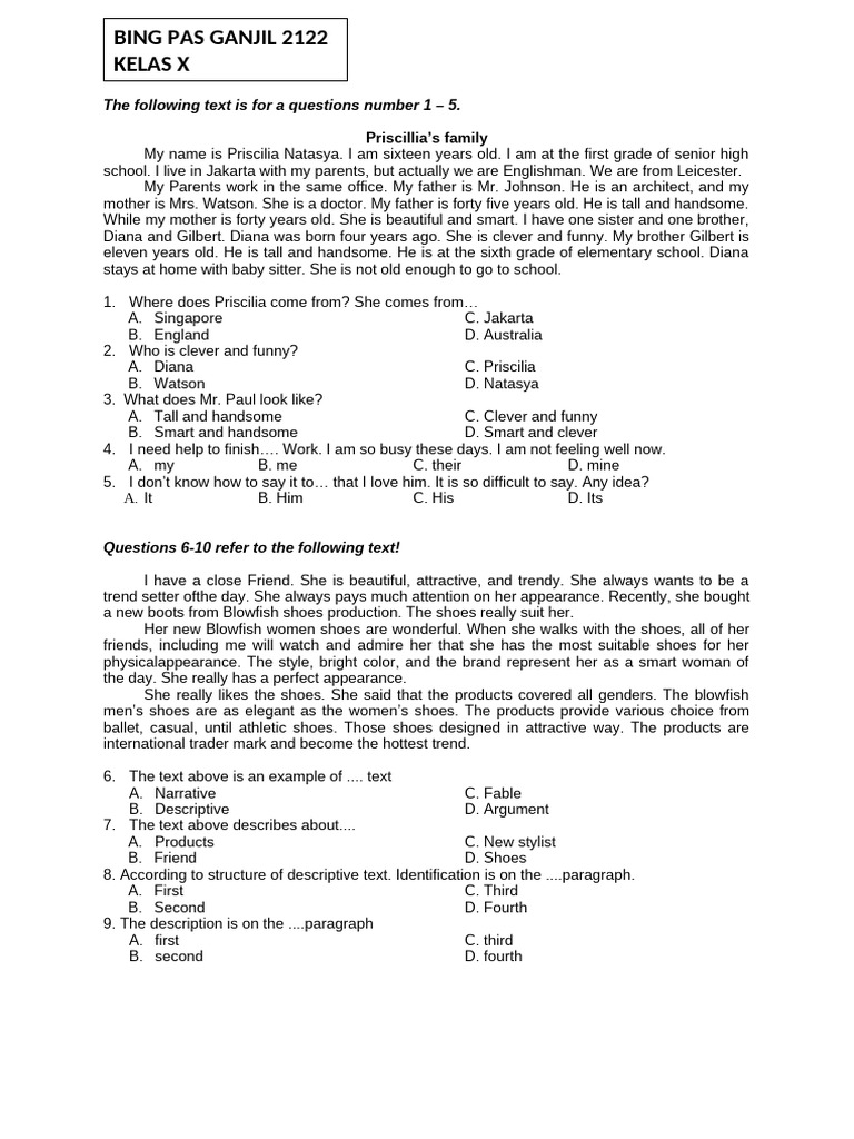 Pas Bing Ganjil Kelas X 2122 | PDF | Shoe