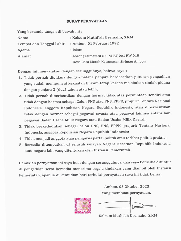 Surat Pernyataan 1 | PDF
