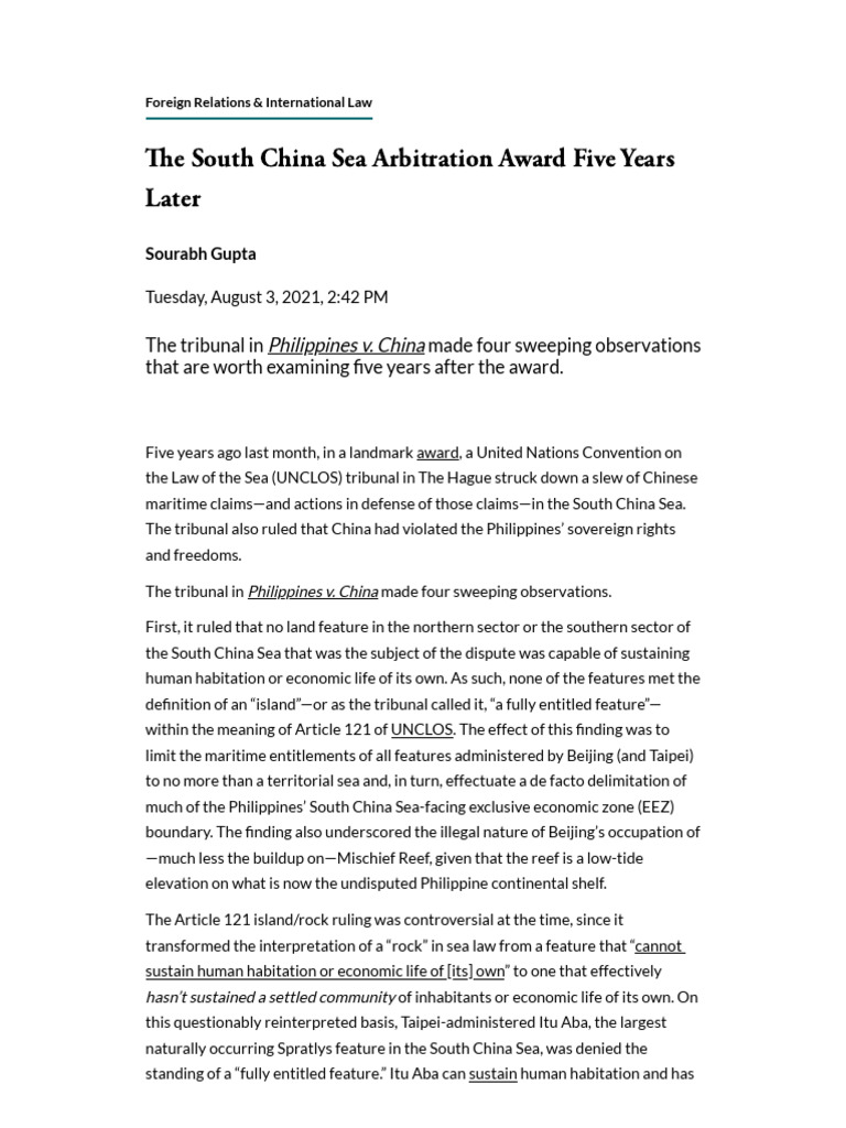 The South China Sea Arbitration Award Five Years Later - Lawfare | PDF ...