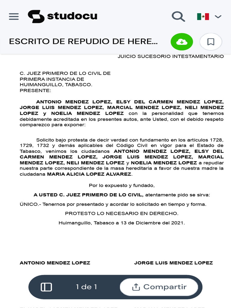 Escrito de Repudio de Herencia para Un Juicio Suc | PDF