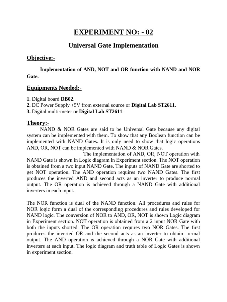EX.03 Universal Gate Implementation | PDF | Logic Gate | Boolean Algebra