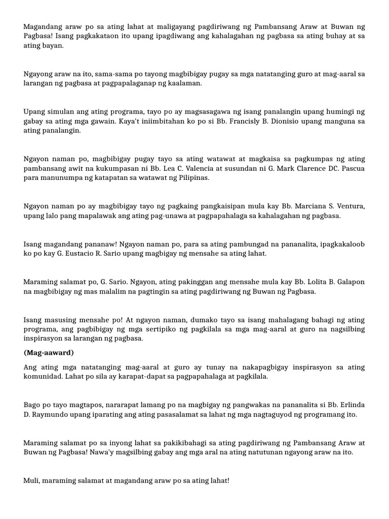 Script para Sa Buwan NG Pagbasa | PDF