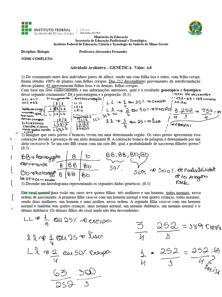 AA Genética 2024 Gabarito | PDF | Alelo | Biologia