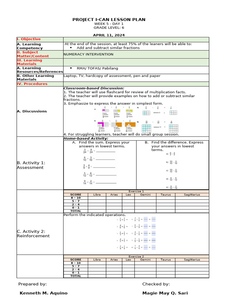 G6 Week5 Day1 NUMERACY INTERVENTION LESSON PLAN | PDF