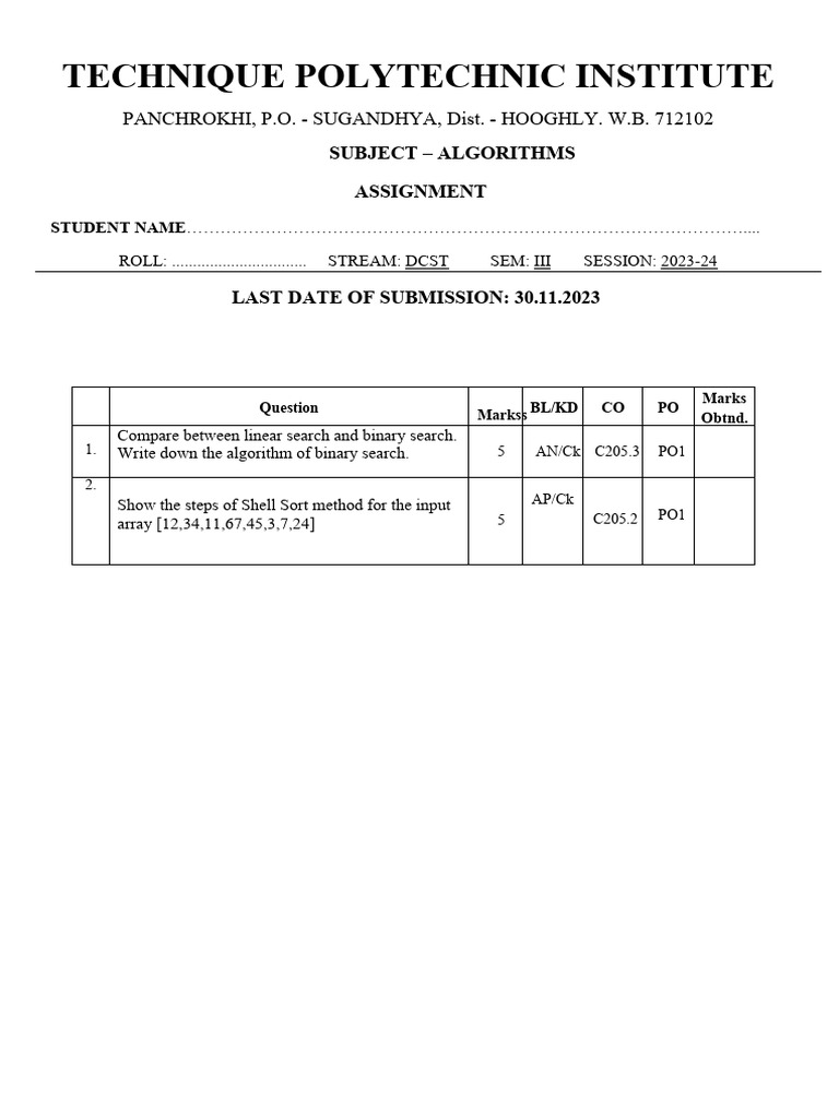 Algorithms Assignment: Search & Sort Techniques | PDF