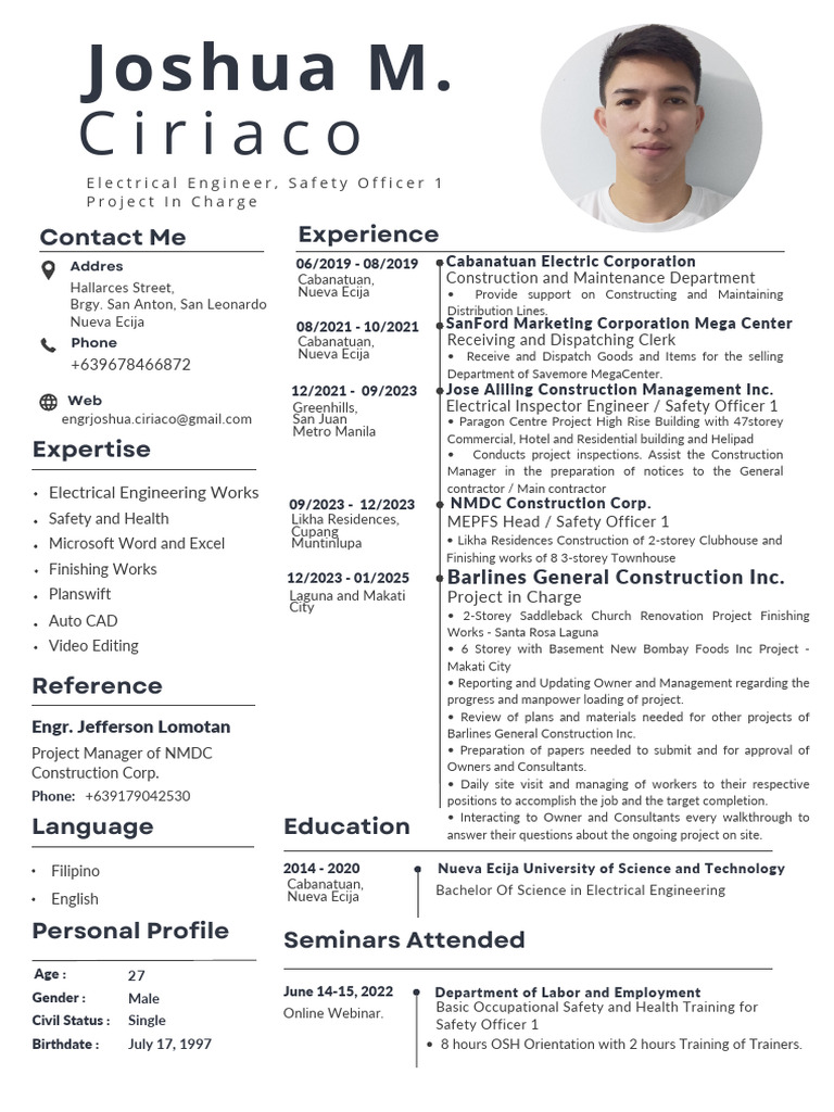 Updated CV - Joshua Ciriaco - EE | PDF | Business | Engineering