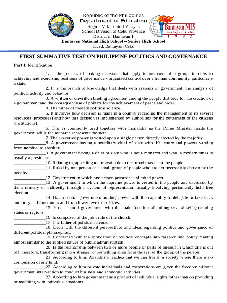 First Summative Test in PPG | PDF | Governance | Heads Of State