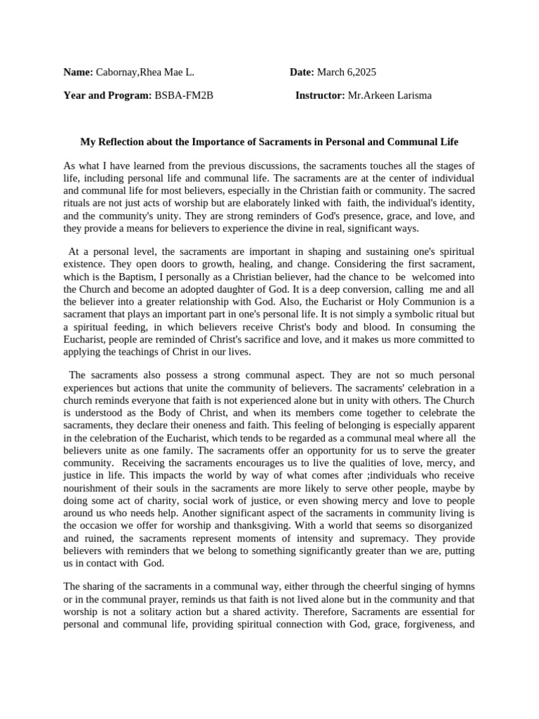 My Reflection about the Sacraments | PDF | Sacraments | Eucharist