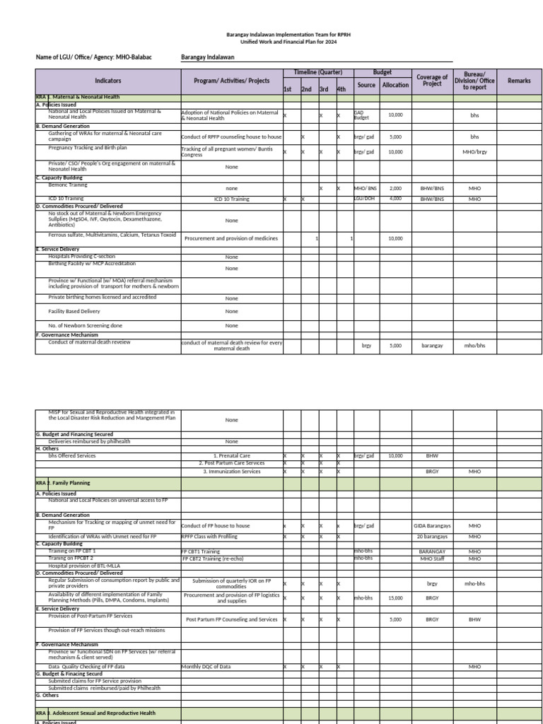 2024 RPRH Work Plan for Barangay Indalawan | PDF | Hiv/Aids ...