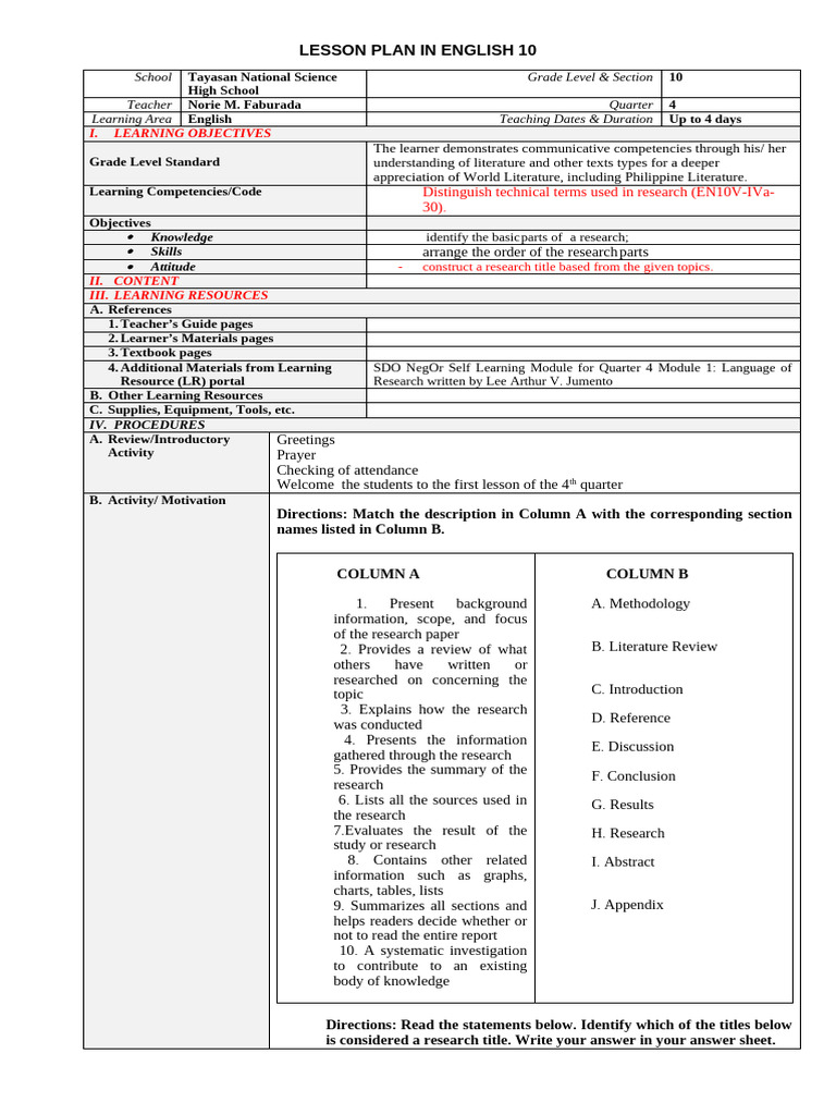 DLP 10 Quarter 4 Module 1 | PDF | Noun | Methodology